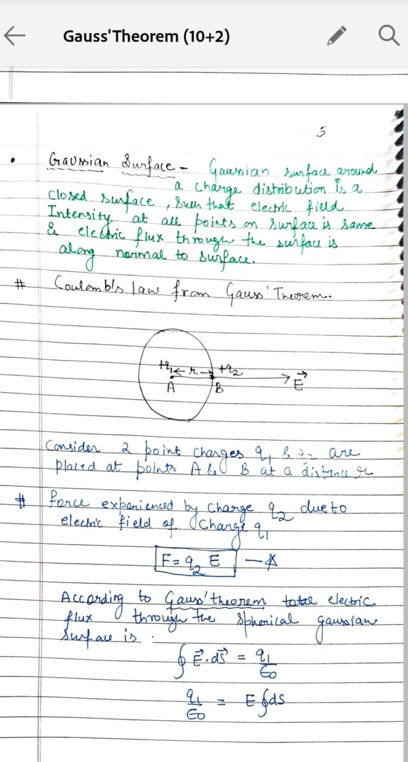 Gauss's Law |Applications Of Gauss Theorem Handwritten Notes Class 12 ...