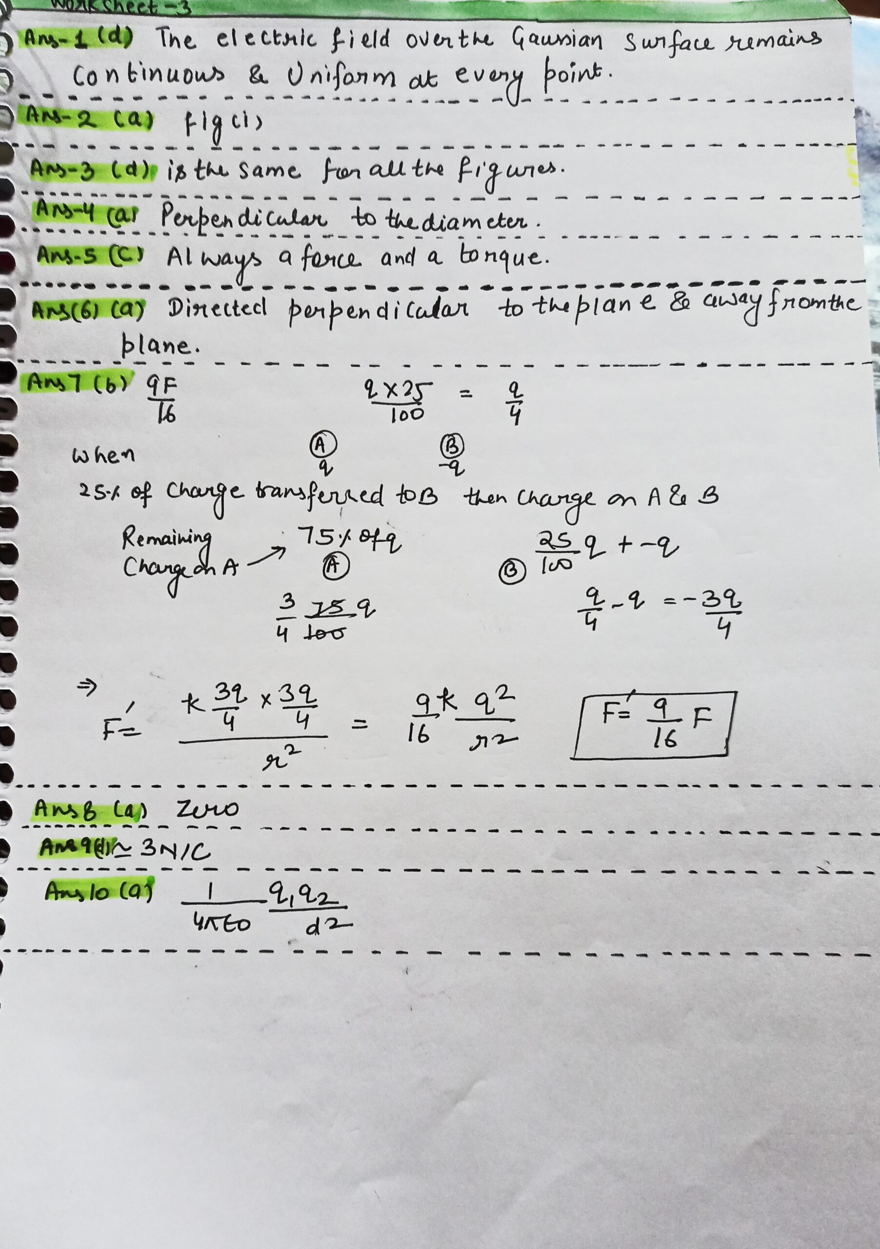 Electric Charges & Field Class 12 Physics Most Important Multiple Choice Questions - Sci Phy
